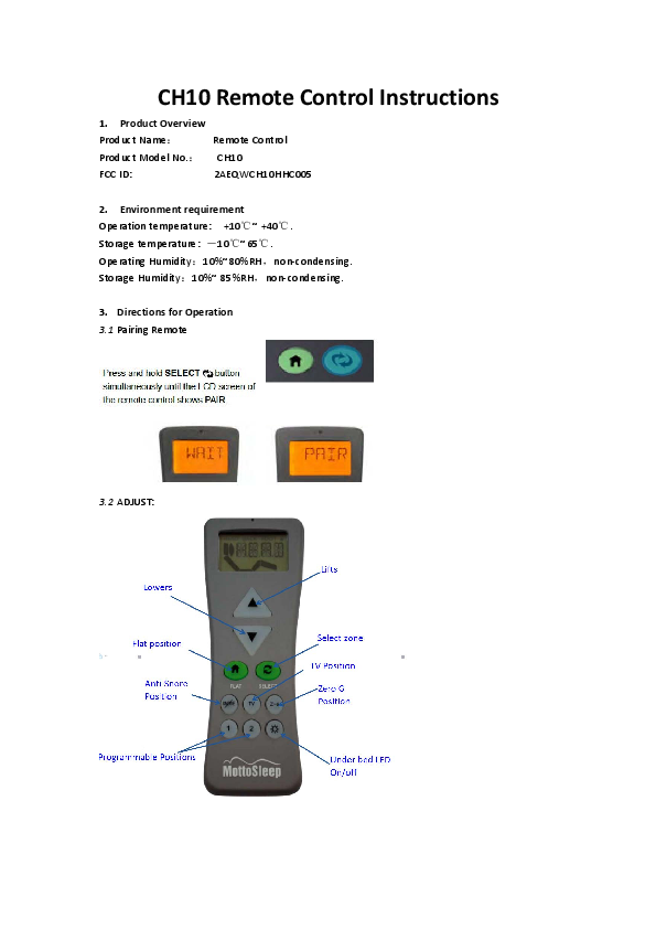 CH10HHC005 Remote Control User Manual - FCC ID 2AEQWCH10HHC005